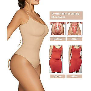 SHAPERX Women's Shapewear Bodysuit Tummy Control Body Shaper Seamless Sculpting Snatched Waist Body Suit，SZ5215-Beige-L/XL