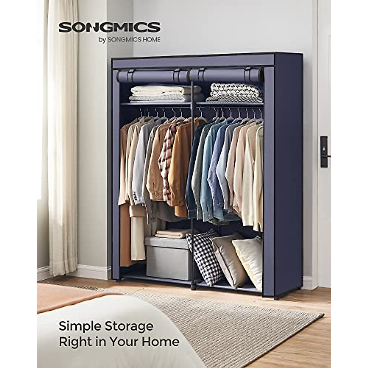 SONGMICS Closet Wardrobe, Portable Closet for Bedroom, Clothes Rail with Non-Woven Fabric Cover, Clothes Storage Organizer, 55.1 x 16.9 x 68.5 Inches, Dark Blue URYG002I02
