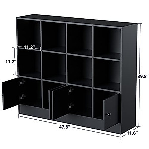 Cozy Castle Black Bookshelf with 12 Cubes and 4 Doors, 2-Tier Open Shelf Bookcase with Anti-Tilt Device for Bedroom, Living Room