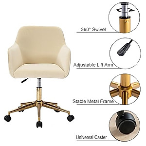 Yoluckea Modern Velvet Home Office Chair, Adjustable Swivel Office Chair for Living Room,Cute Desk Chair for Teen Girl,Upholstered Task Accent Chair Executive Vanity Chair Cream White
