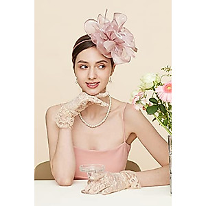 Gionforsy Kentucky Derby Hat Fascinator Veil Fascinator Headband Lace Gloves Imitation Pearl Necklace Earrings Feather Pillbox Fascinator for Wedding Tea Party (Style 6-Pink)