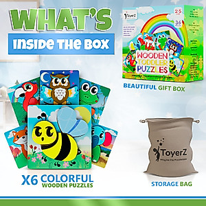 Wooden Puzzle Toddler Toys - Educational and Learning Montessori Toys for Boys and Girls, 6 Unique Animal Patterns - Preschool Jigsaw Puzzles for Toddlers 2-5 years old, Great Birthday Gift for Kids