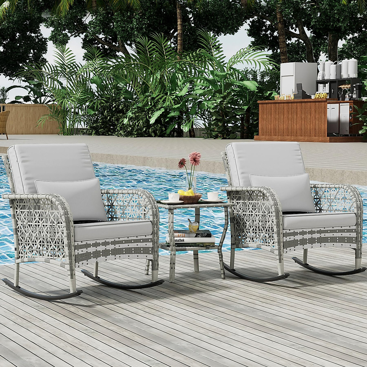 BALDPER 6-Piece Gray Wicker Patio Rocking Chairs Set, Rocking Wicker Bistro Set, Outdoor Furniture Conversation Set with Porch Chairs and Glass Coffee Table, Cloudy Grey