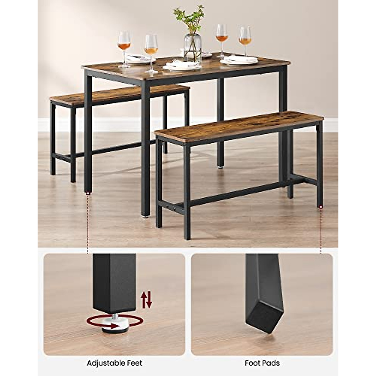 VASAGLE Dining Table Set, Bar Table with 2 Dining Benches, Kitchen Table Counter with Chairs, Industrial for Kitchen Breakfast Table, Living Room, Party Room, Rustic Brown and Black UKDT070B01