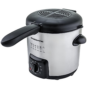 OVENTE Electric Deep Fryer 0.9 Liter Capacity, 840W Power with Locking Lid, Removable Stainless Steel Frying Basket, Adjustable Temperature Knob, Cool Touch Handles and Easy to Clean, Silver FDM1091BR