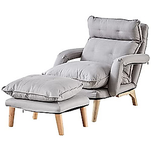 CLIPOP Modern Living Room Accent Chair with Ottoman, Comfy Linen Armchair with Adjustable Backrest(5 Angles), Solid Wood Legs, Leisure Upholstered Single Sofa Chair with Footrest,Grey