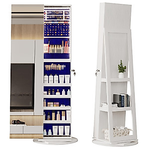 LVSOMT 360° Swivel Jewelry Mirror Cabinet with Lights, Standing Jewelry Armoire Organizer, 63" Rotatable Full-Length Mirror with Jewelry Storage, Lockable with Back Storage Shelve, White