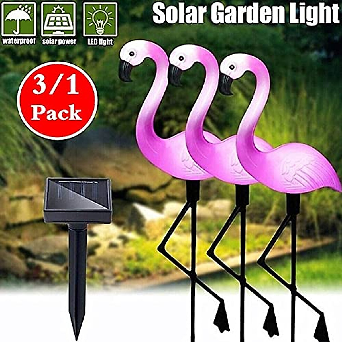 3 Pack Flamingos Garden Decor Lights, IP55 Waterproof Outdoor Solar Stake Lights, Pink Flamingo Yard Ornament Christmas Decoration , Solar Powered Decorative Lights for Patio Lawn Pathway Landscape