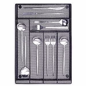 WuGeShop 6 Compartments Metal Mesh Kitchen Flatware Organizer Tray, Silverware Drawer Organizer/Utensil Holder and Cutlery Tray with Non Slip Mat (Black)