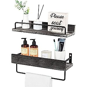 J JACKCUBE DESIGN Set of 2 Floating Bathroom Shelves, Rustic Wood Bathroom Wall Organizer with Towel Bar for Over Toilet, Kitchen Spice Rack, Laundry Shelf -MK600A