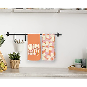 QODUNG Choose Happy Flowers Pattern Soft Kitchen Towels Dishcloths 16x24 Inch Set of 2,Retro 1970s Groovy Drying Cloth Hand Towels Tea Towels for Dorm,Teen Girls Gift