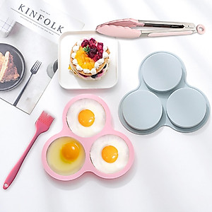 ZHUOMINGJIA 2Pcs Silicone Air Fryer Egg Pan with Silicone Basting Brush for Baking and Silicone Tong,Reusable 3 Cavity Silicone Air Fryer Egg Pan,for make food using air fryers or ovens(4PCS,Pink)