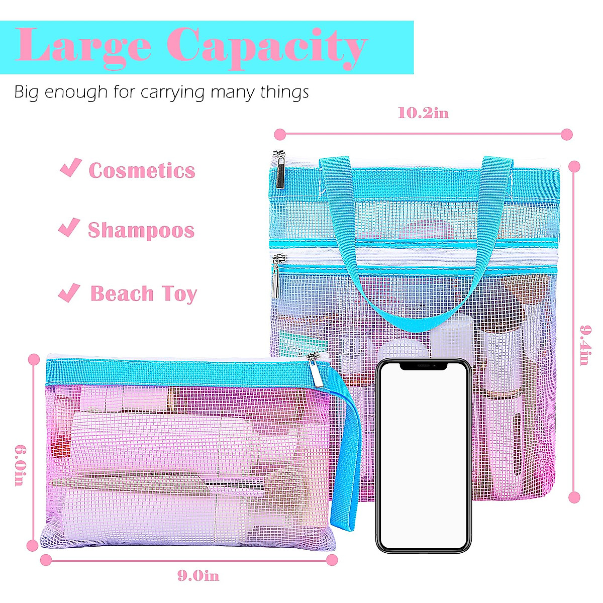 Fiodrimy Mesh Shower Caddy Bag, Portable Shower Bag with Zipper 2pcs Hanging Toiletry and Bath Organizer with Zipper for Travel, Swimming, Gym, Camping, College Dorms, Beach