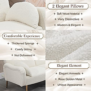 Modern Velvet Futon Sofa Bed, Convertible Loveseat with 2 Crescent-shaped Pillows, Small Sleeper Sofa with 3 Adjustable Positions, Upholstered Living Room Couch with 7 Metal Tapered Legs, White Teddy