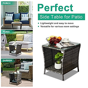 HEPMIMZHU Outdoor Patio Wicker Side Table, Square End Table Bistro Coffee Table with Glass Top Storage Shelf for Porch Garden Backyard Rattan End Table Furniture with Storage (Light Grey)