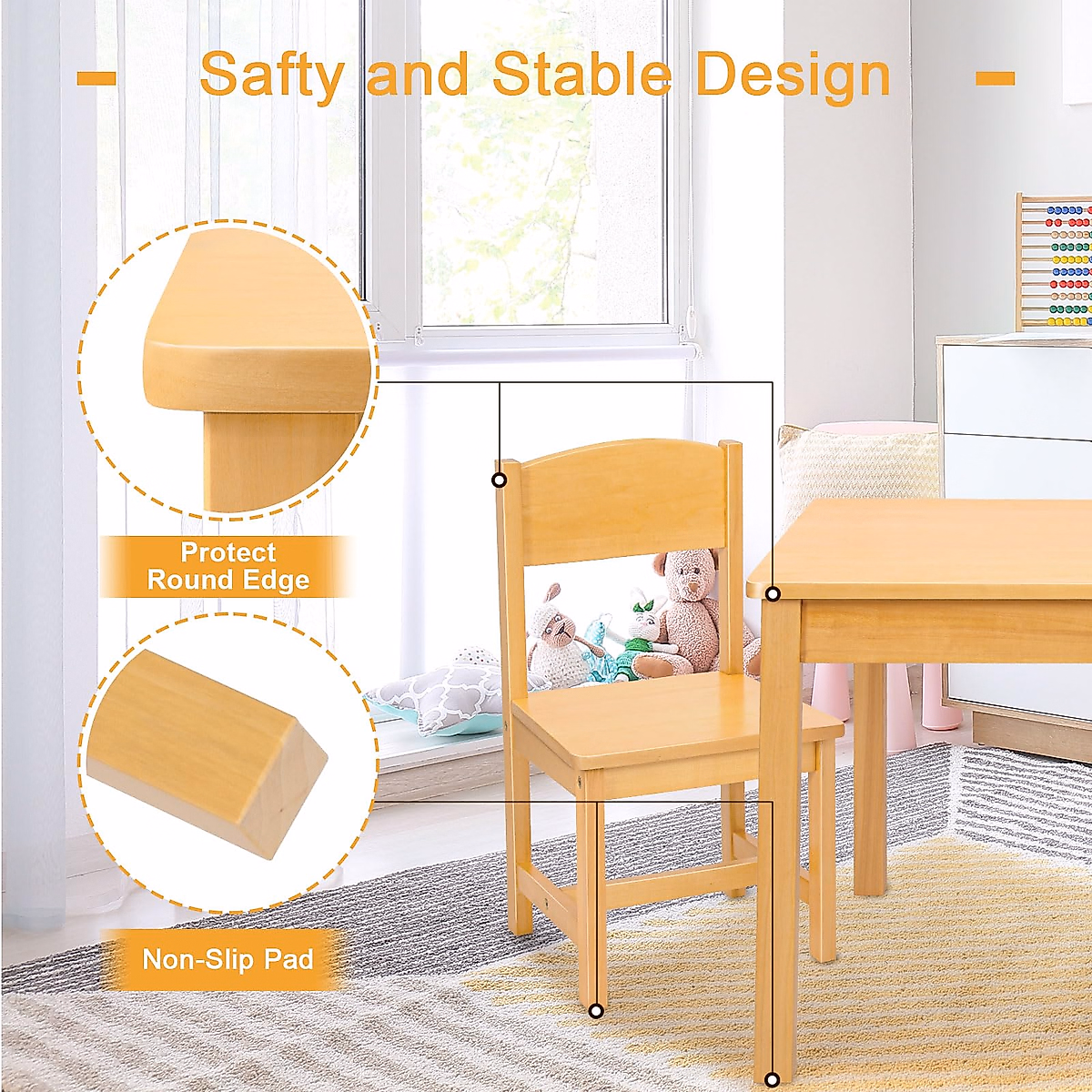 Romswi 3 in 1 Solid Wood Kids Table and Chair Set,with Stable and Sturdy Table and Chair Stood., for Arts, Crafts, Reading, Preschool, Kindergarten, Playroom,Gift for Ages 5-12