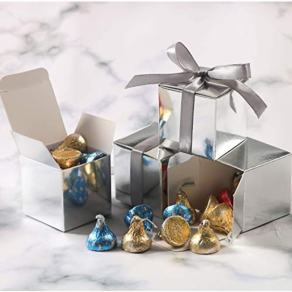 KPOSIYA 100 Pack Favor Boxes 2x2x2 inch Candy Boxes Metallic Silver Gift Boxes with Ribbons for Wedding Baby Shower Decorations Birthday Party Supplies (Metallic Silver, 100)