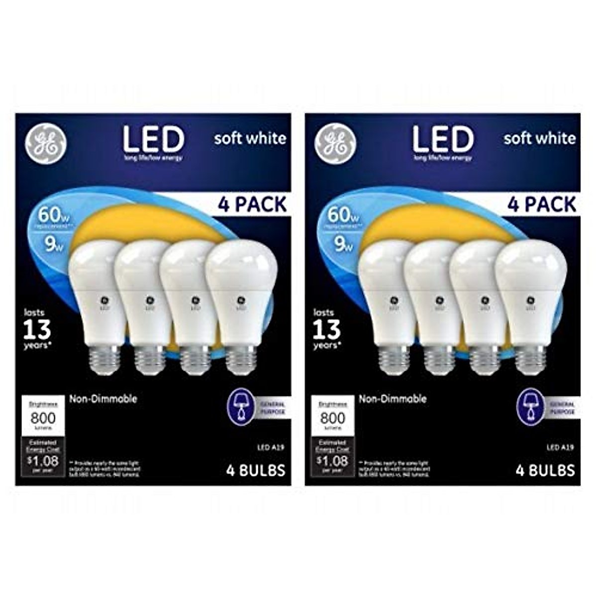 GE Lighting LED A19 Light Bulb with Medium Base, 9-Watt, Soft White, 8-Pack, Non-dimmable