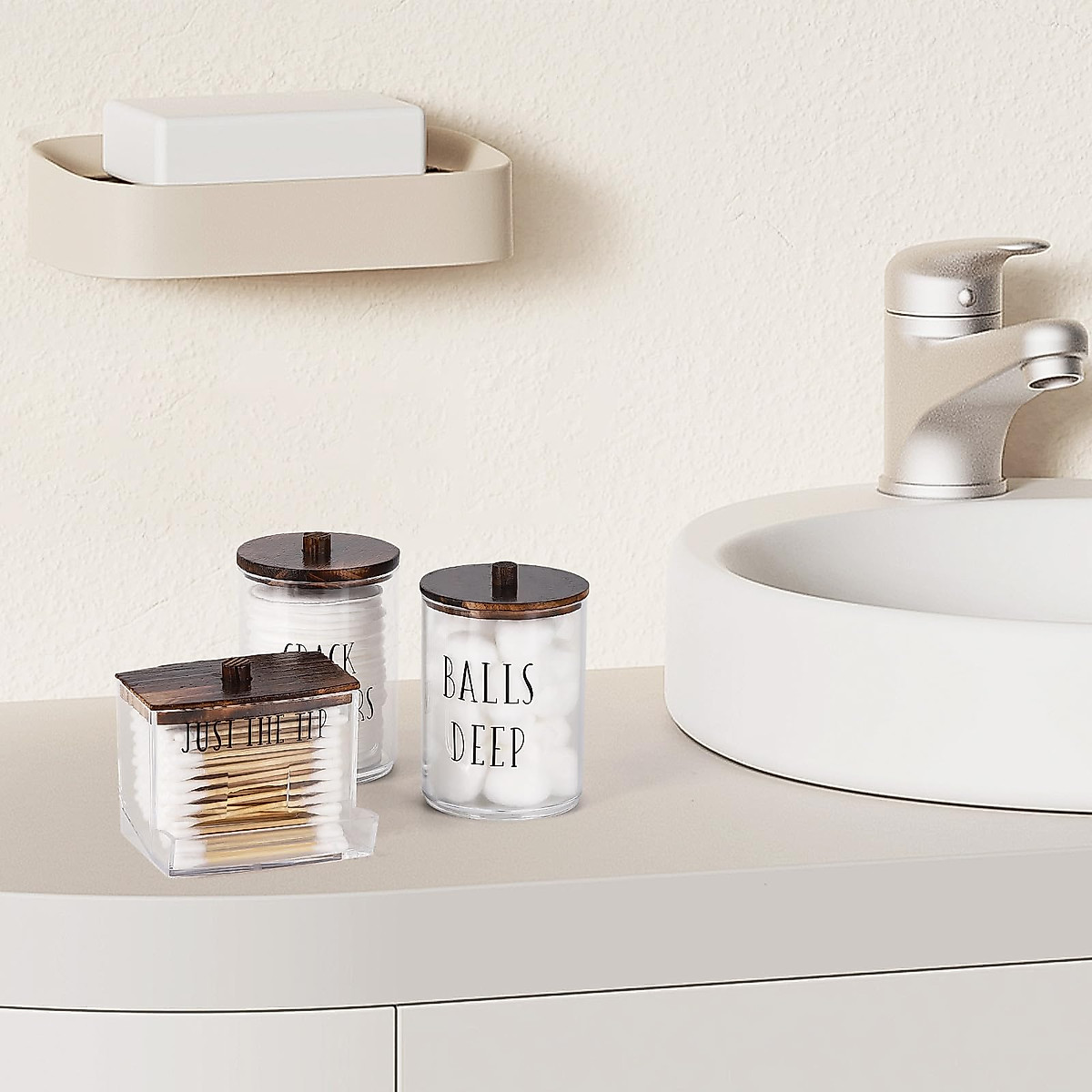 Tbestmax Qtips Holder Dispenser, 10/7 oz Bathroom Container for Cotton Ball Cotton Swabs, Apothecary Jar Organizer for Storage(Wood Lids)