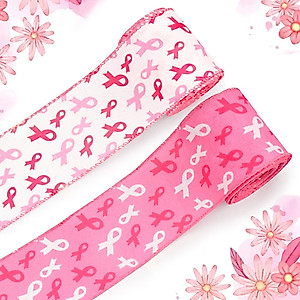 Threetols 2 Rolls 10 Yards Breast Cancer Awareness Wired Edge Ribbons, 2.5inch Pink White Awareness Ribbon, Breast Cancer Ribbon for Breast Cancer Awareness Women Activities Wreath Bow Decor