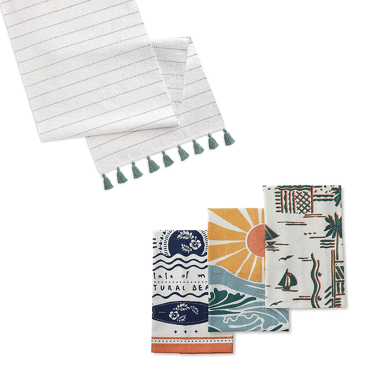 Folkulture Dish Towels for Drying Dishes and Spring Table Runners with Tassels for Farmhouse Decor, Boho Set of 3 Kitchen Towels and Ribbed Boho Table Cover for Rustic Wedding Decoration