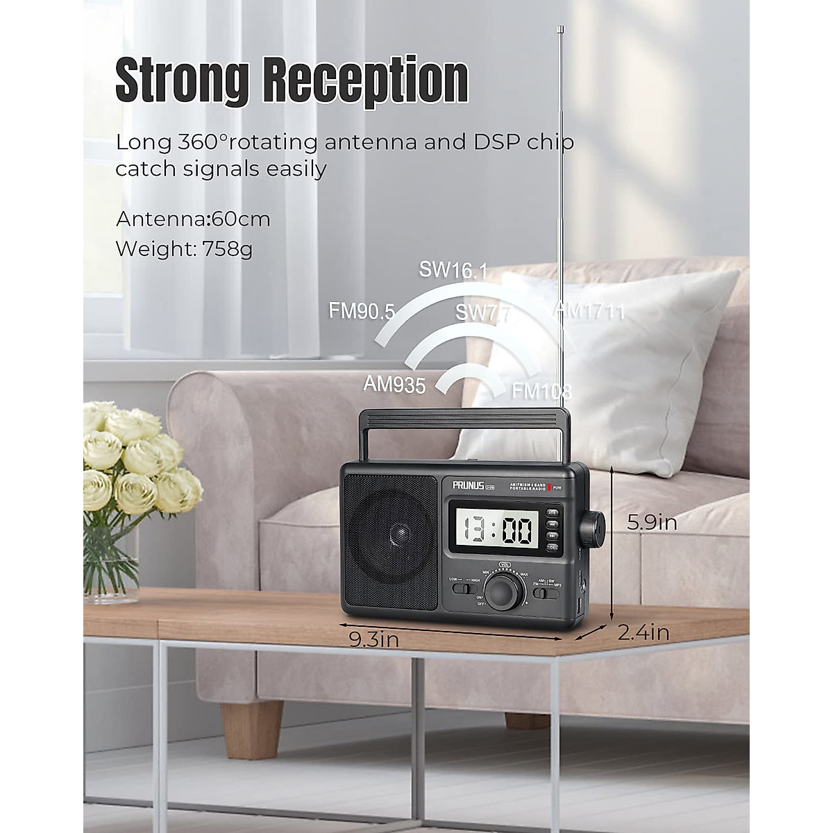 PRUNUS J09 Digital AM FM Portable Radio Shortwave, Bigger Screen for Elderly, AC/ 4 D Cell Batteries Powered,TF Card/USB Player, Time Setting, Earphone Jack, Auto Station Preset for Seniors/Hurricane