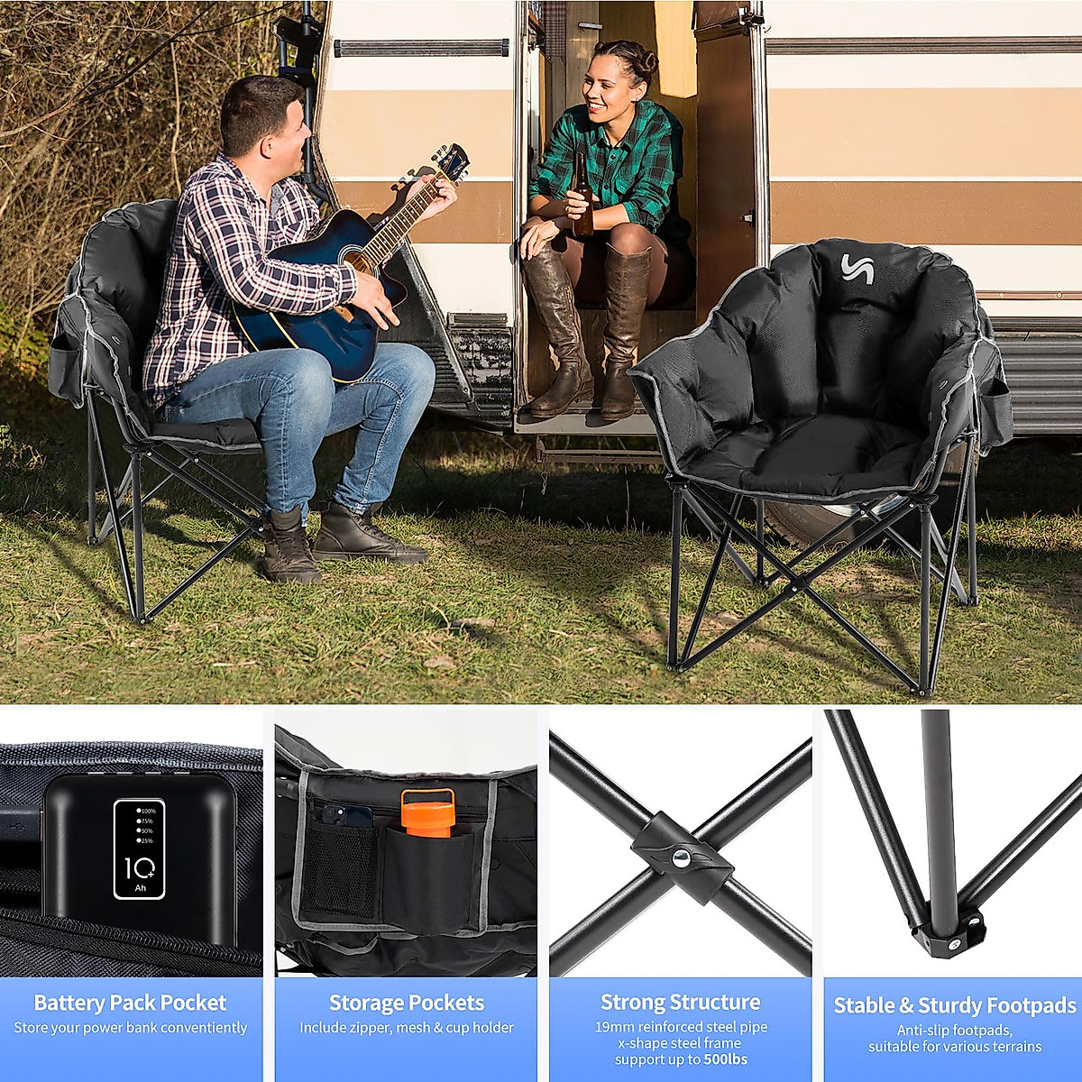 Barbella Oversized Heated Camping Chair, Padded Camp Heated Chairs Round Moon Saucer Folding Lawn Chair Outdoor Chair, Portable Folding Camping Chair for Lounge Patio