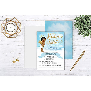 Heaven Sent Boy Baby Shower Invitation - African American Cute Clouds and Celestial Angel Baby Shower Invite - Twinkle Twinkle Little Star - 20 Fill-in Invitations and Envelopes