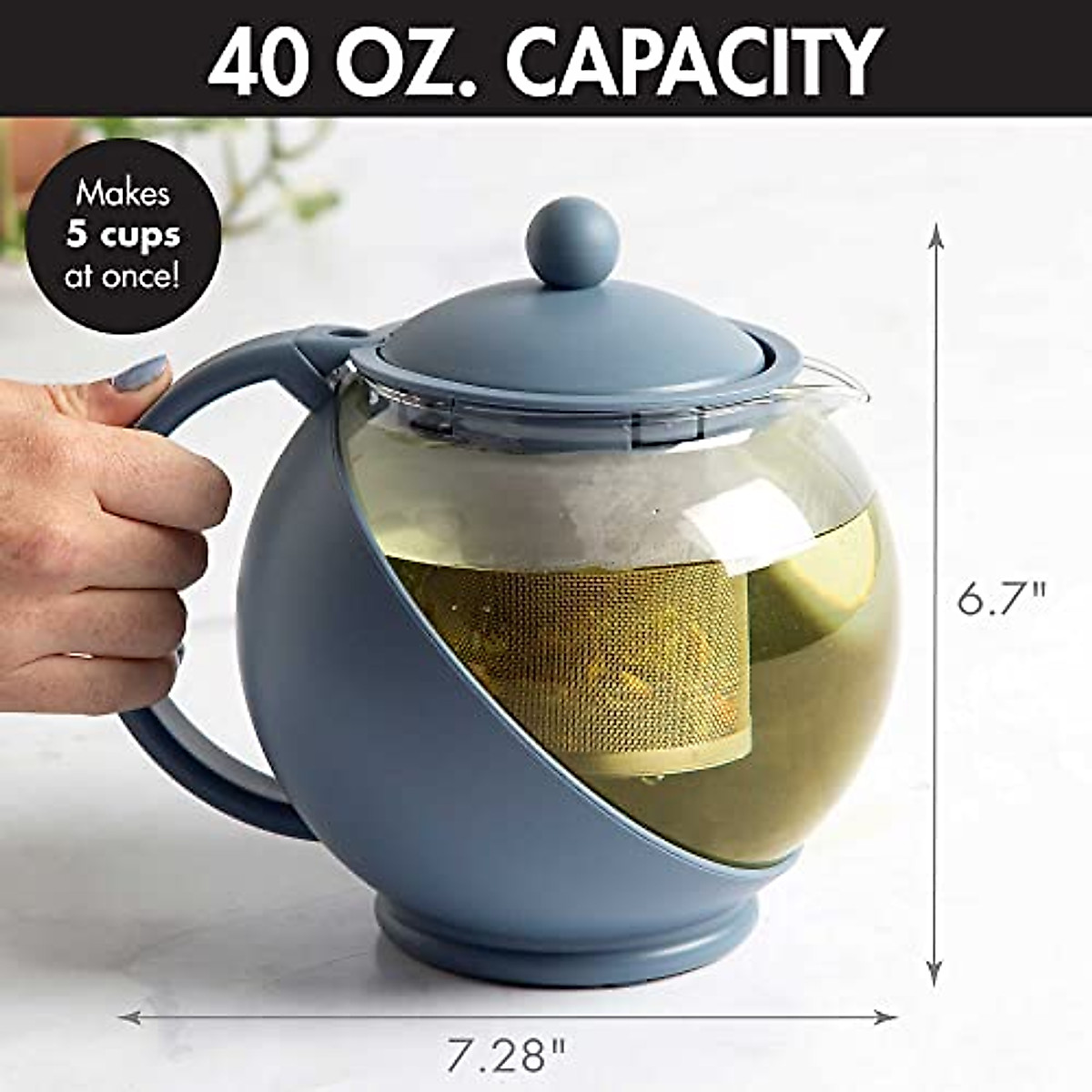 Primula Half Moon Teapot with Removable Infuser, Glass Tea Maker with Reusable Fine Mesh Stainless Steel Filter, Dishwasher Safe, 40-Ounce, Blue
