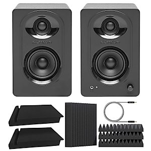 Samson MediaOne M30 3" Powered Studio Monitors with 3.5mm Outputs (Pair) Bundle with Blucoil Acoustic Isolation Pads (2-Pack), 12" Acoustic Wedges (4-Pack), and 5' Audio AUX Cable