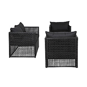 WO Outdoor Wicker Rattan Furniture 4 PCS Set Black Woven Table Chairs Set w Cushions & Back Support Pillows Coffee Table Seats 4 Black
