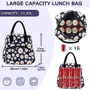 Kasqo Lunch Box Bag for Women, Insulated Thermal Reusable Lunch Cooler Lunch Tote with Front Pocket Daisy