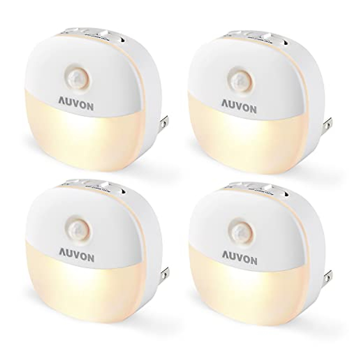 AUVON Plug in Night Light with Motion Sensor and Dusk to Dawn Sensor, Mini Warm White LED Nightlight with 1-50 lm Adjustable Brightness for Bathroom, Hallway, Stairs, Bedroom, Kitchen (4 Pack)
