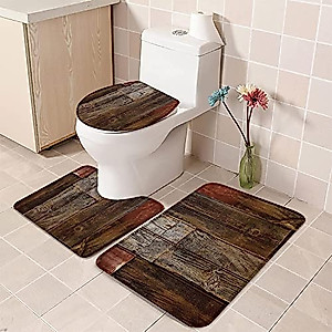 Apular Fashion 3 Piece Bath Rugs Set Brown Old Wooden Board Non Slip Ultra Soft Bathroom Accessories Mats, U Shape Mat and Toilet Lid Cover Mat Bath Mats