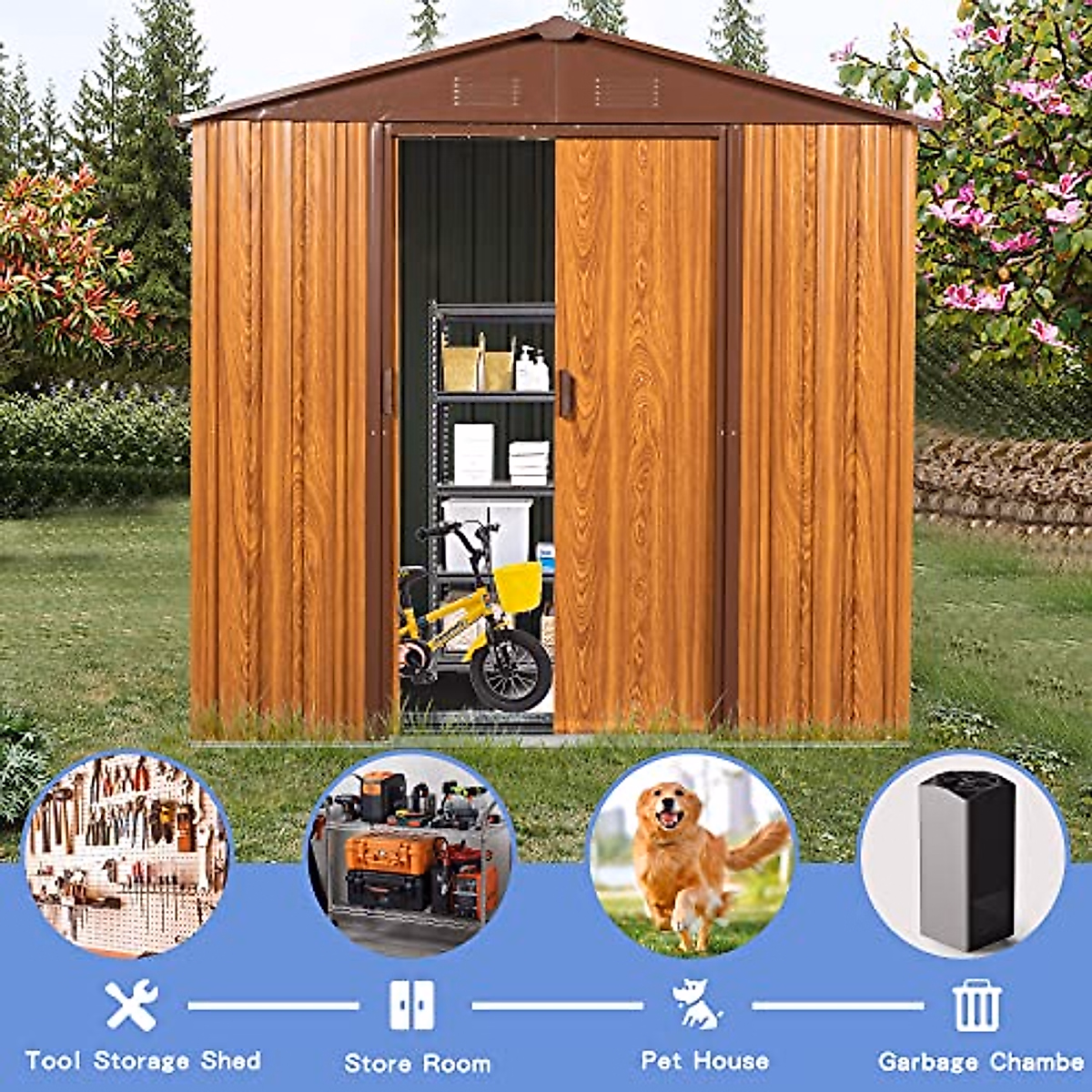 Storage Shed 6ft x 6ft Outdoor Storage Shed,Metal Foundation,Anchors,Hooks,Shelf,Locker,Gloves- Weather-Resistant Outdoor Storage Solution with Lockable Sliding Doors and Shelf