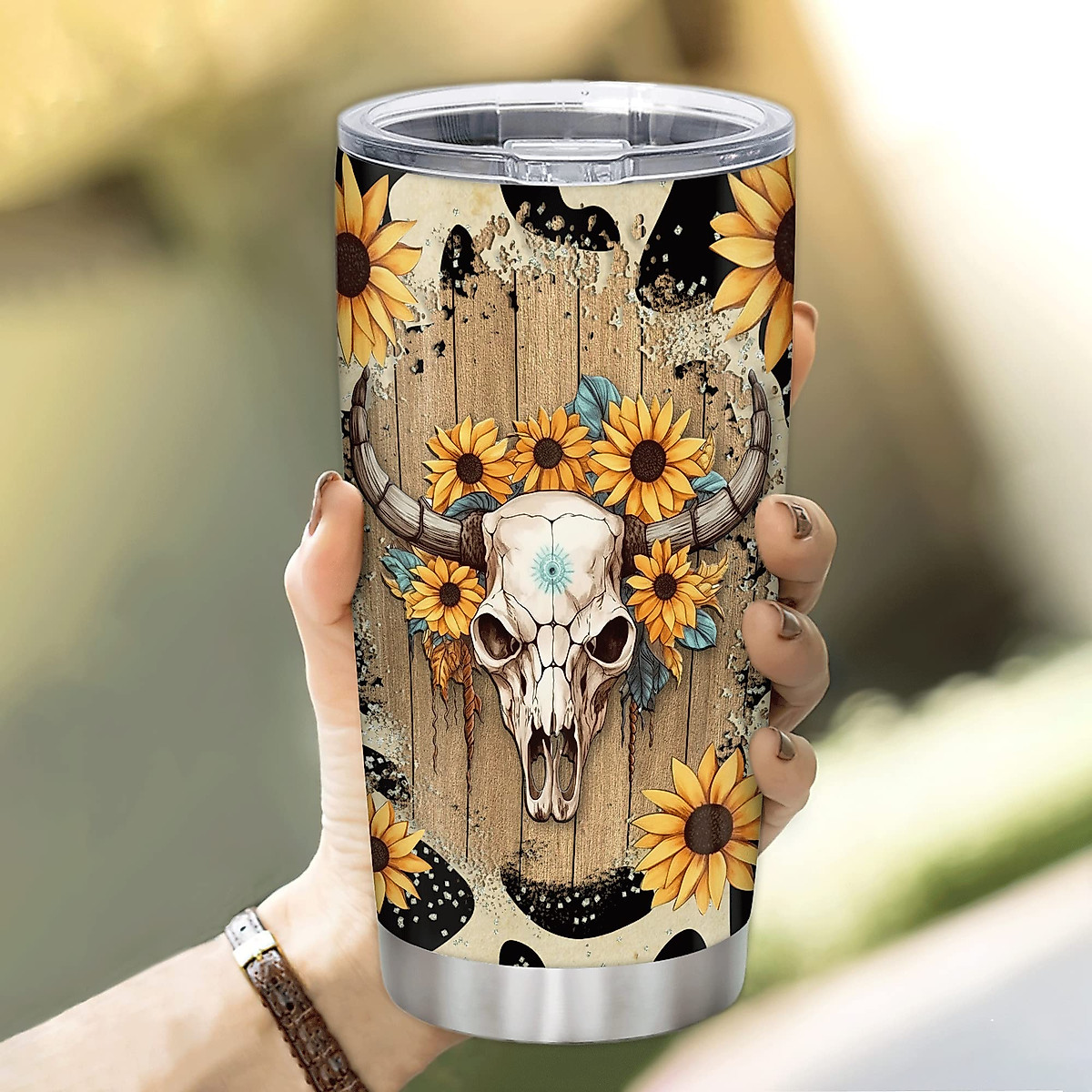 Hyturtle Personalized Gifts For Cow Lover - Skull Cow Sunflower Customized Name Stainless Steel Tumbler 20oz With Lid - Idea Farm Animals Lover Gifts For Women, Girl, kids On Birthday, Christmas