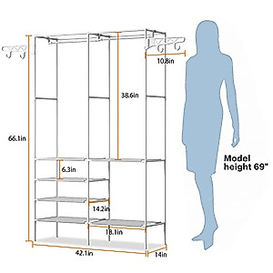 TeqHome Garment Rack, 42'' Freestanding Clothes Rack Shoe Clothing Organizer Shelves, Multifunctional Clothes Wardrobe with 4 Hooks & 2 Hanging Rods, Coated Iron Frame, Easy Assembly, Max Load 350lbs