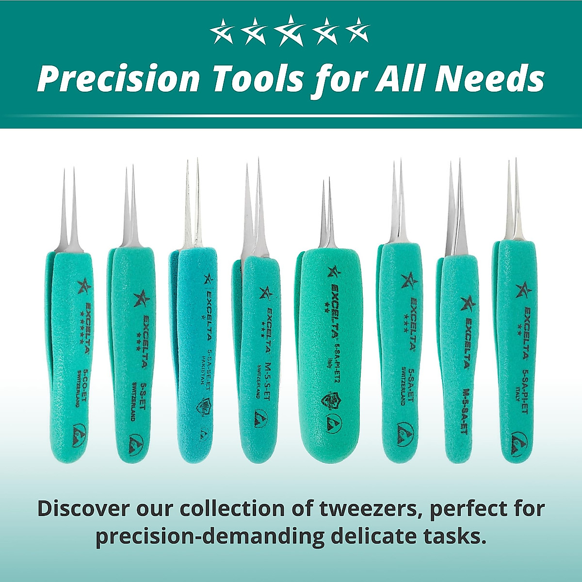 Excelta 5-SA-ET Straight Tapered Ultra-Fine Pointed Tweezers, 4.75 Inch, Ergo-Tweeze Soft Cushioned Grips, Made of Neverust Stainless Steel, Ideal for Microscopy, Professional