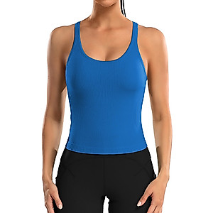 ATTRACO Workout Tops for Women with Built in Sports Bra Yoga Racerback Crop Top Blue S
