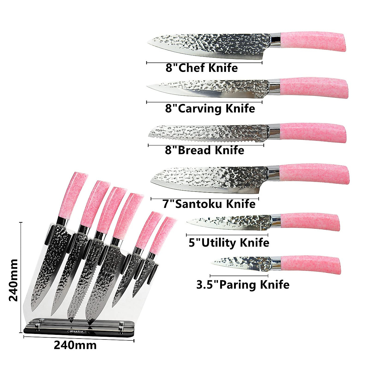 Kitchen Knives Set, High Carbon Stainless Steel Knife Set 7PCS, Super Sharp Cutlery Knife Set with Clear Acrylic Stand, Knife Block Set (Pink)