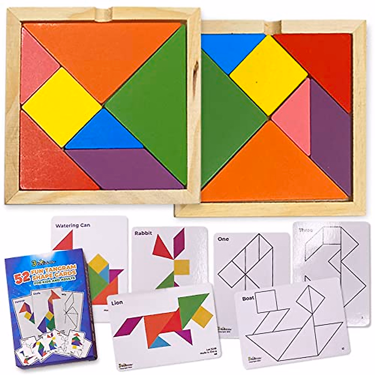 3 Bees & Me 2 Wooden Tangram Shapes Puzzle Toys with 52 Pattern Cards for Kids and Adults - Montessori Wood Toy, STEM Shape Puzzles Manipulatives Games, Educational Tangrams, Brain Logic Blocks
