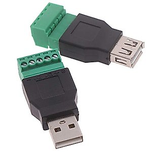VizGiz 2 Pack USB 2.0 Plug Replacement 5Pin Solderless Screw On Type USB Terminal Block Connector Male and Female Socket Jack Adapter for LED Strip Lights USB Charging Projects Camera Electronics Test