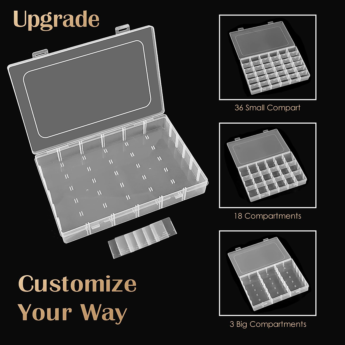 QUEFE 1 Pack 36 Grids Clear Plastic Organizer Storage Box Container, Craft Storage with Adjustable Dividers for Beads, Art DIY, Crafts, Jewelry, Fishing Tackle with Label Stickers