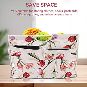 Agatige Knitting Yarn Storage Bag, Wood Handles Knitting Bag Tote Organizer Woven Fabric Storage Bag Travel Yarn Tote Organizer Crochet Bag for Knitting Needles Sewing Tools, 42*30*11cm, Rose Flower
