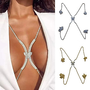 Bra Chain Jewelry Rhinestone Bling Bra Chain Body Jewelry For Women Bra Rhinestone Body Chain Necklace (Gold)