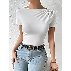 Verdusa Women's Ruched Boat Neck Short Sleeve Slim Fitted Tee T Shirt Top White M