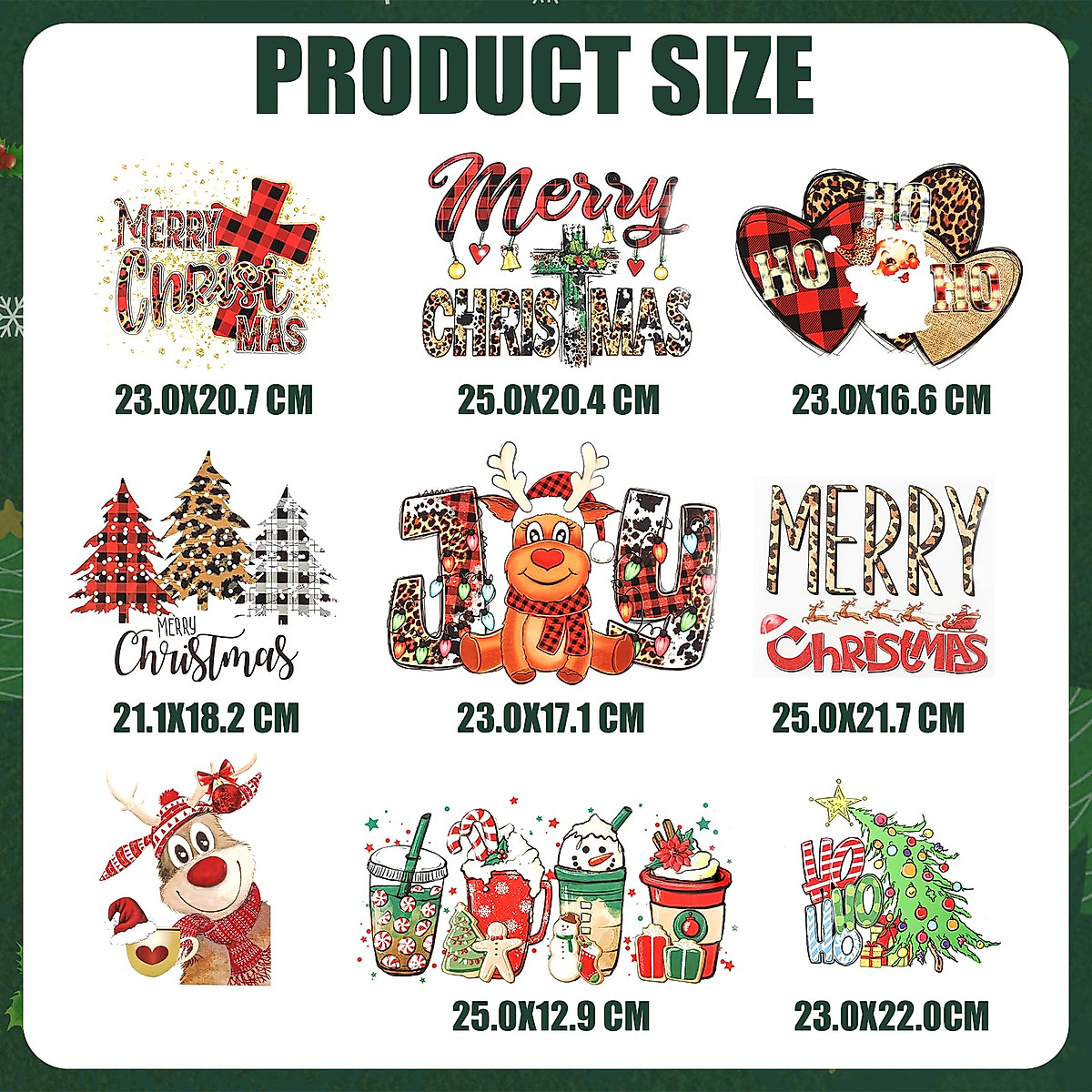 9pcs Merry Christmas Iron on Patches - Large Heat Transfer Stickers, Cute Tree Elk Santa Claus Pattern Decals for T Shirts, Hoodies, Bags