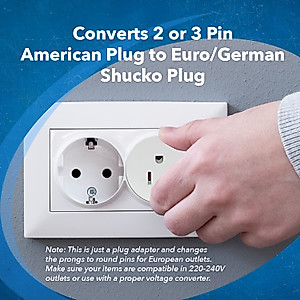 OREI American USA To European plug adapter – Type E/F schuko plug adapter - Use in Germany, France, & more - CE Certified – For Mobile, Laptop & Camera Chargers - 2 Pack