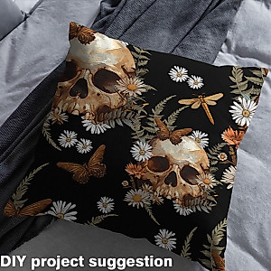 Skull Daisy Fabric by The Yard 70s Retro Hippie Flowers Decor Fabric for Sewing Lovers Wild Butterfly Dragonfly Jungle Plants Fabric for DIY Upholstery and Home Accents 1 Yard