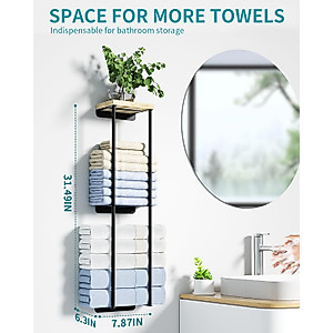 Towel Racks for Bathroom, 2 Tier Wall Towel Holder with Wood Shelf, Metal Wall Mounted Towel Rack Bathroom Organizers and Storage, Black